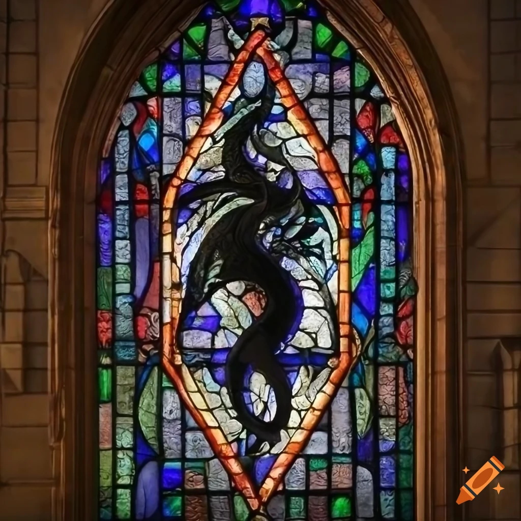 Stained glass window with a black dragon