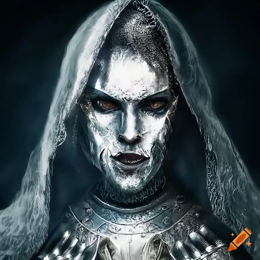 Image of a silver plated knight helmet with elf face design on Craiyon