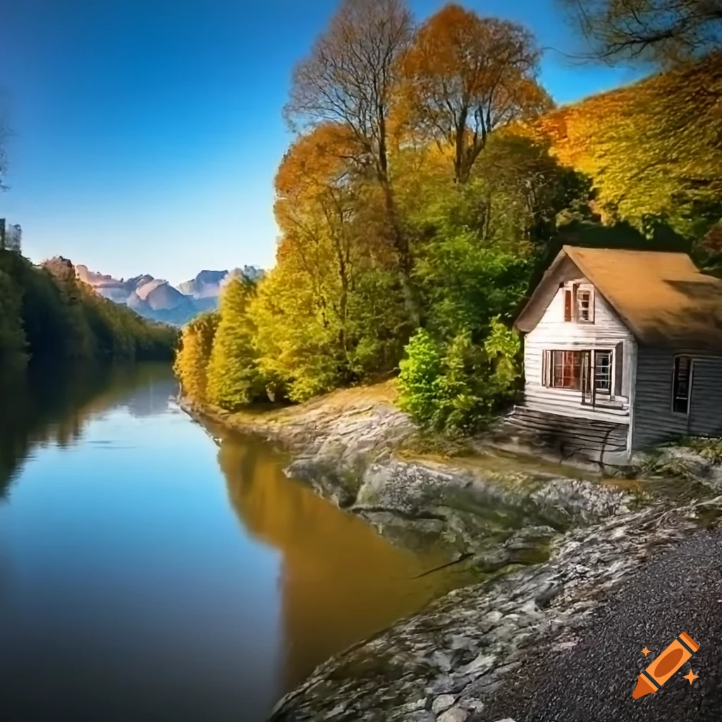 Scenic view of a house by the river with mountains in the background ...