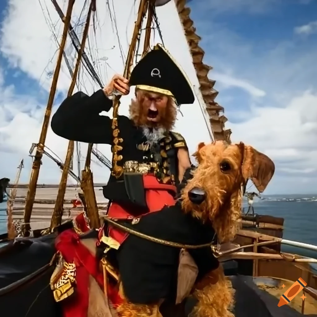 Airedale Terrier dressed as a pirate on a pirate ship on Craiyon