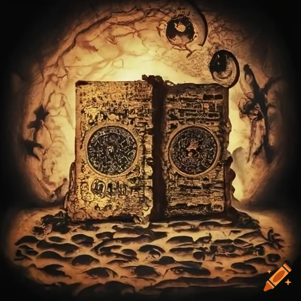 Cover of an ancient book with mysterious symbols on Craiyon