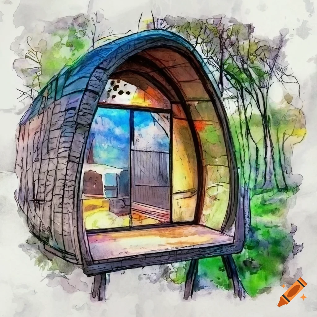 Detailed technical drawing of futuristic pop up pod architecture near a ...