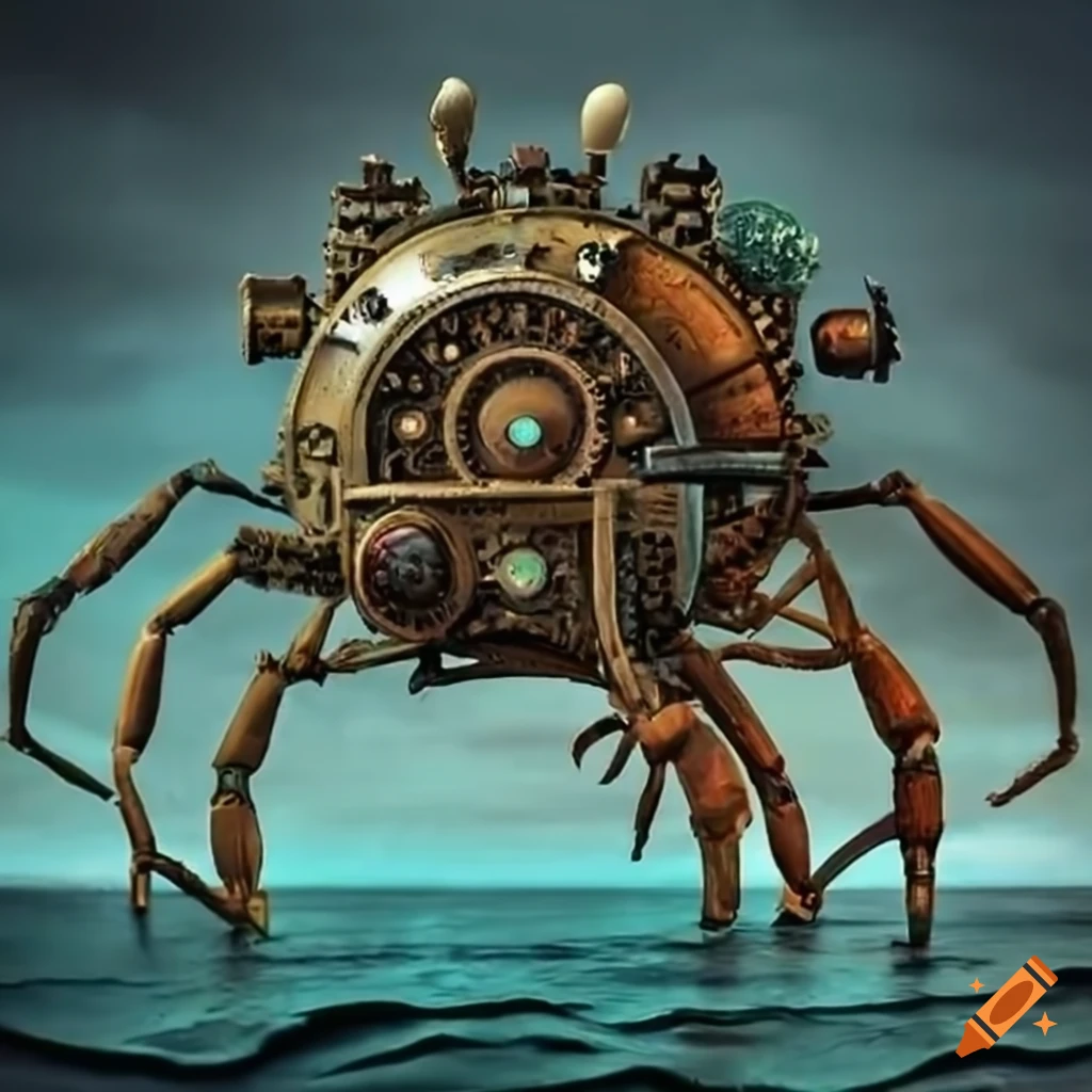 Surrealistic steampunk crab machines on the beach on Craiyon