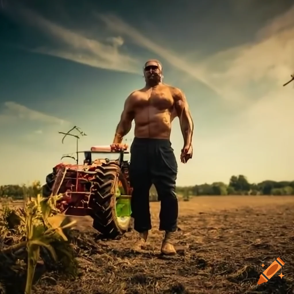 Image of a strong farmer lifting a tractor