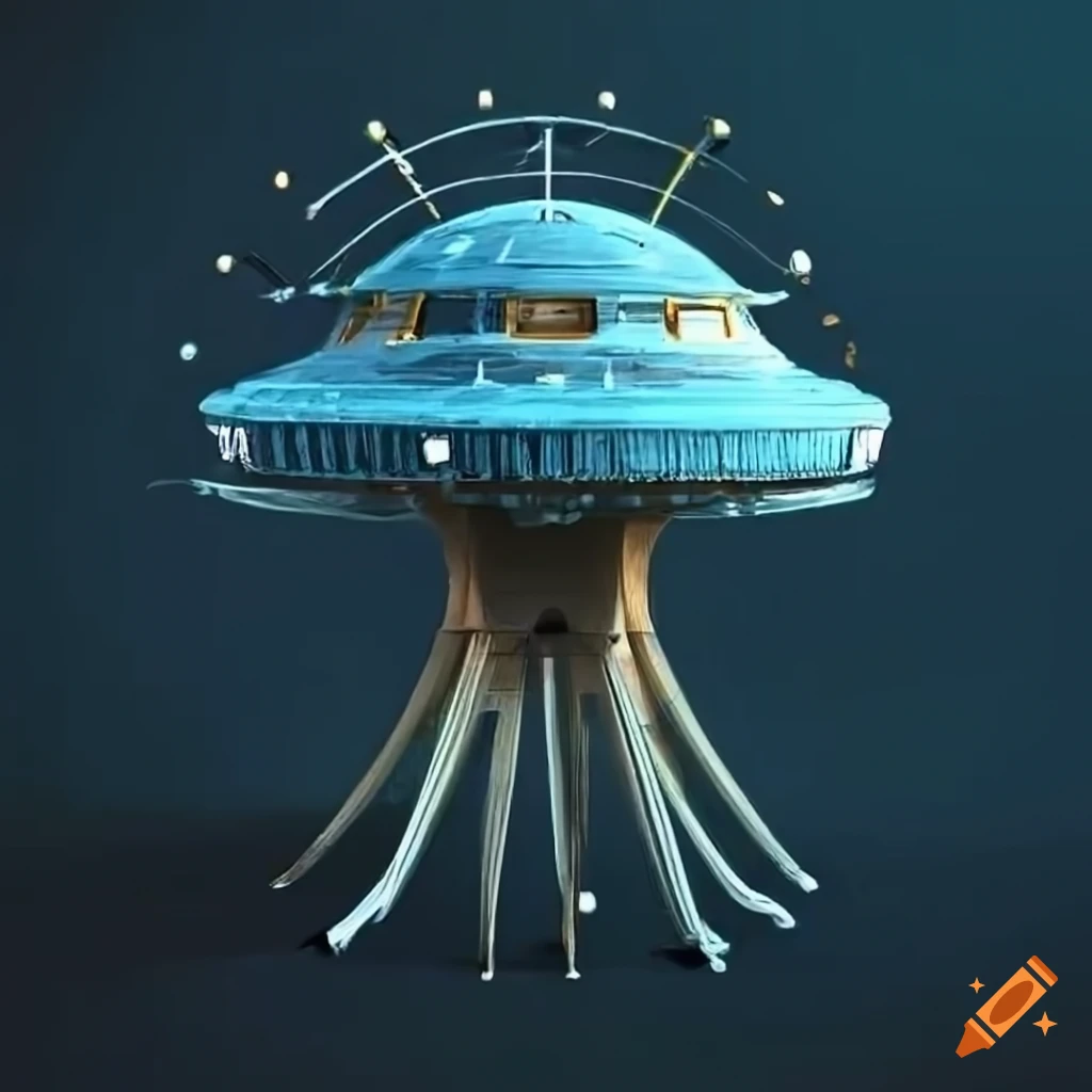 Detailed technical drawing of a plywood UFO with unique landing feet and antenna on Craiyon