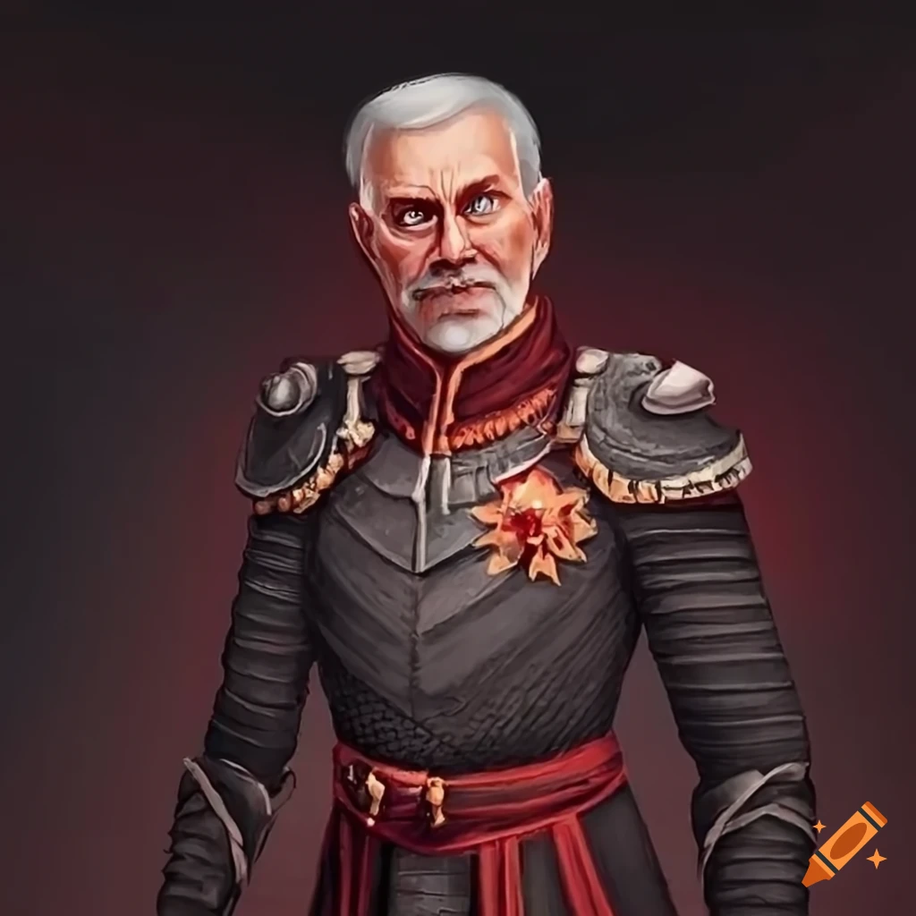 Dark armored general with ruby patterns on Craiyon