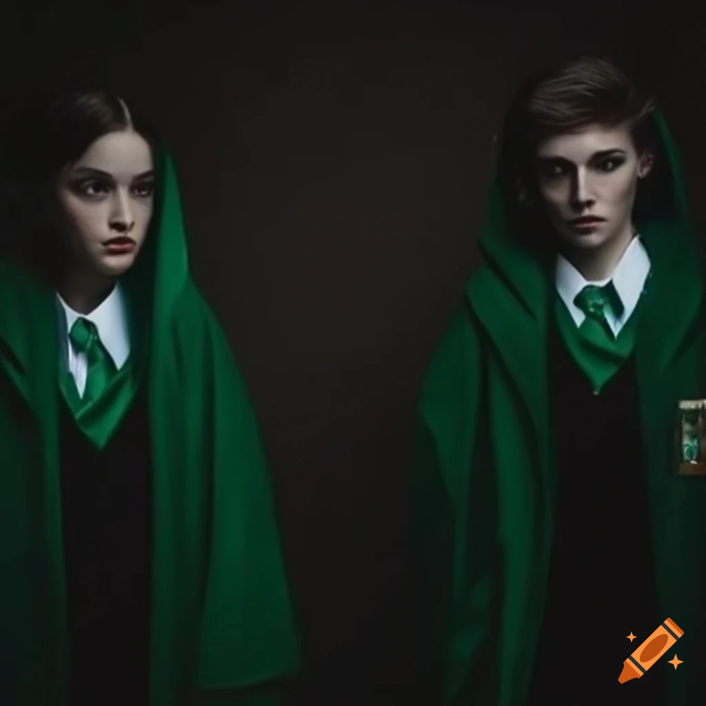 Portrait of twins in slytherin robes on Craiyon