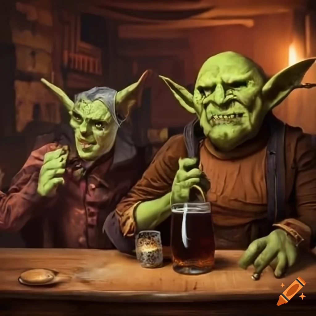 Illustration of goblins enjoying ale in a tavern on Craiyon