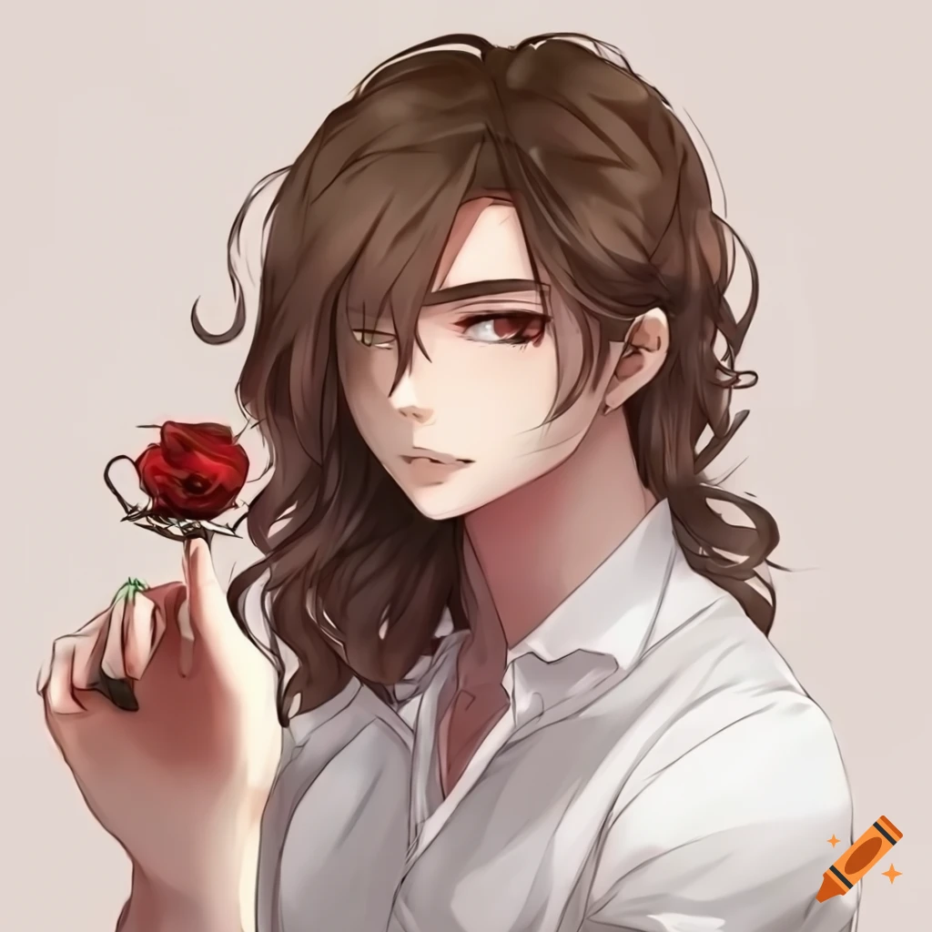 Illustration of an anime man holding a rose on Craiyon