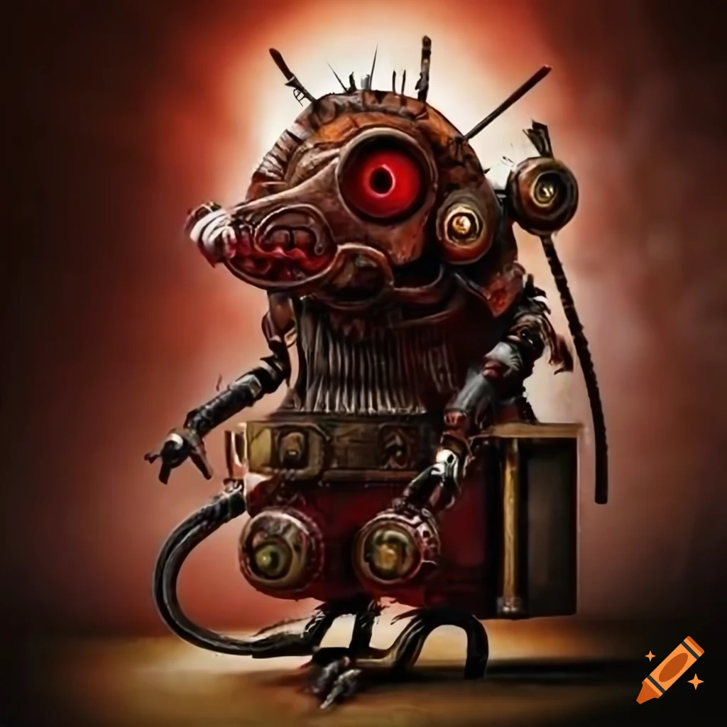 Scary steampunk rat robot with red eyes