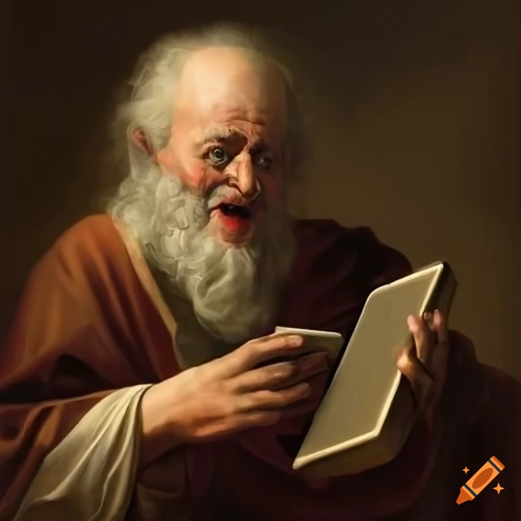 Moses laughing with a tablet in a grand biblical painting on Craiyon