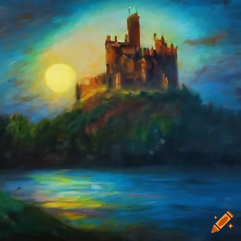 Impressionist painting of an eclipse over a lake with a castle on Craiyon