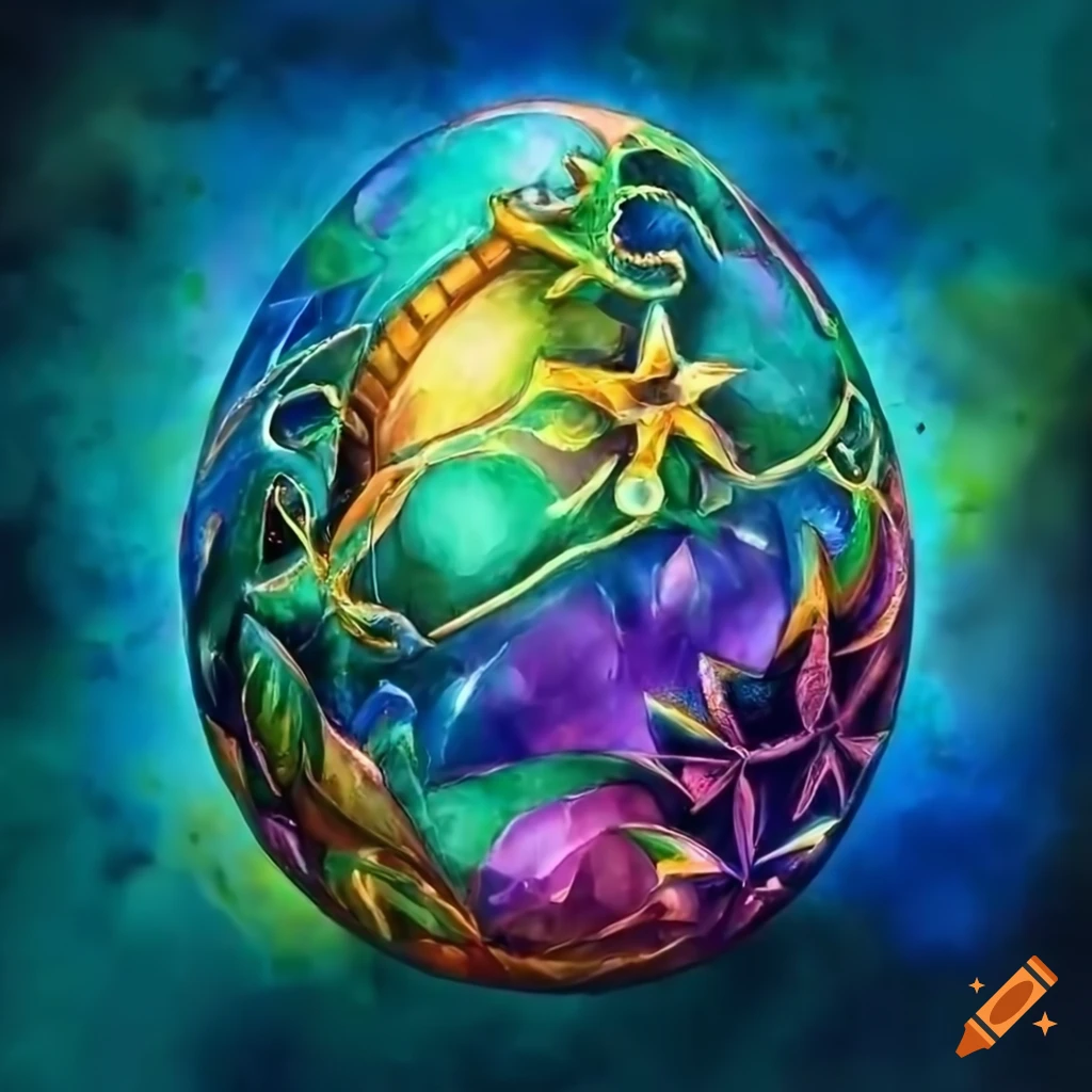 Detailed dragon egg in colorful watercolor fog on Craiyon