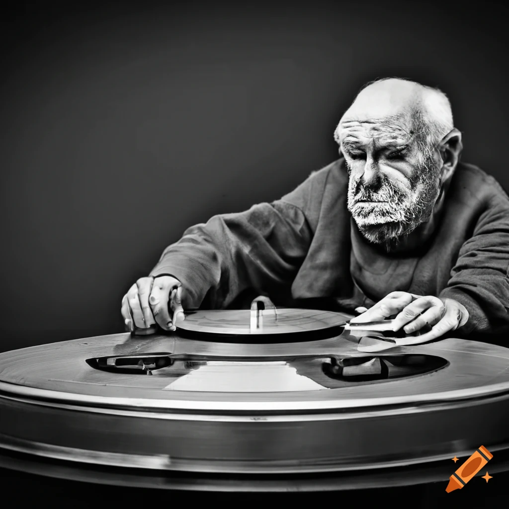 Black and white image of a grumpy old man on turntables on Craiyon