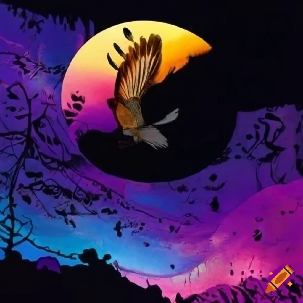 Vibrant ink-drawn dreamscape with soaring animals