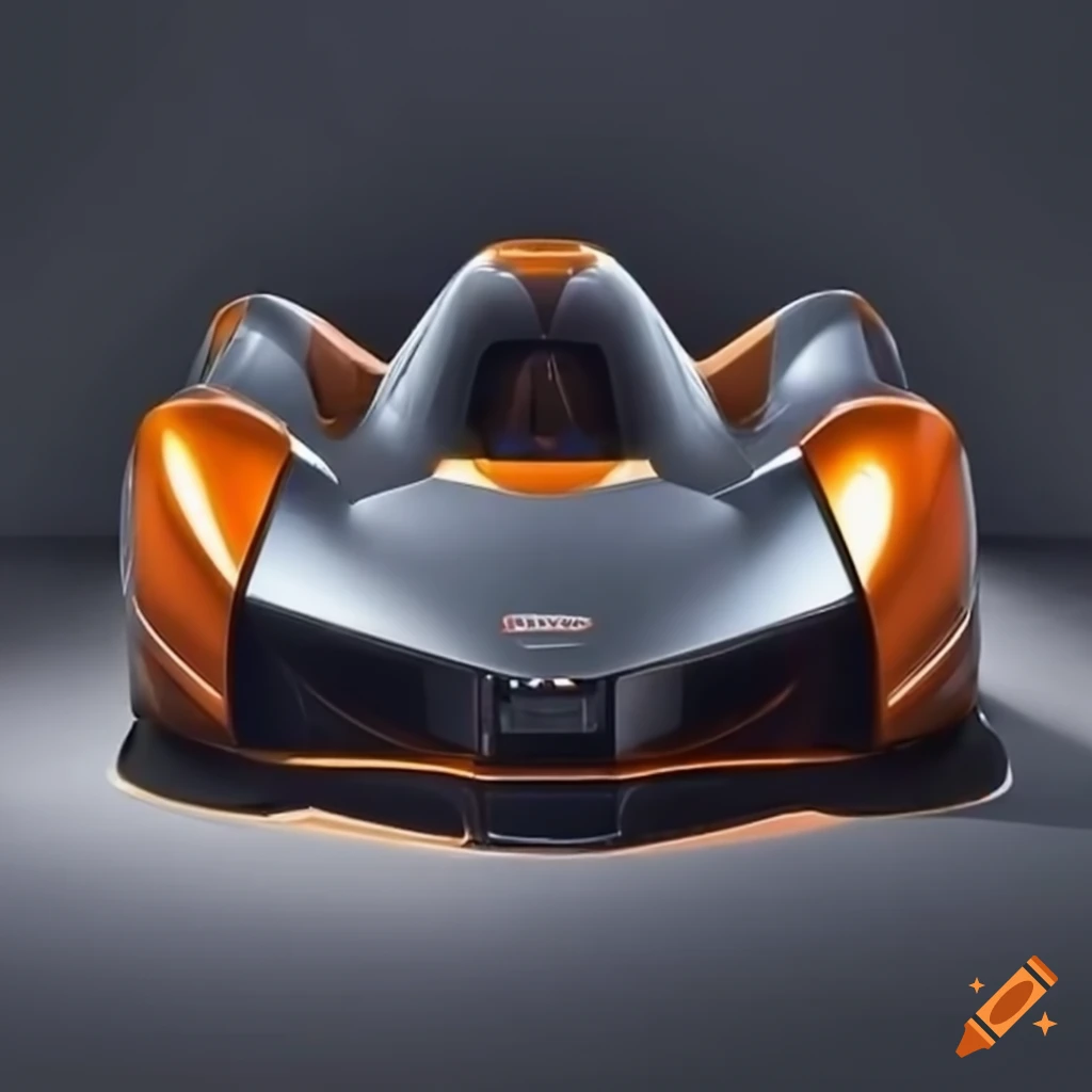 Aerodynamic car with titanium and orange accents on Craiyon