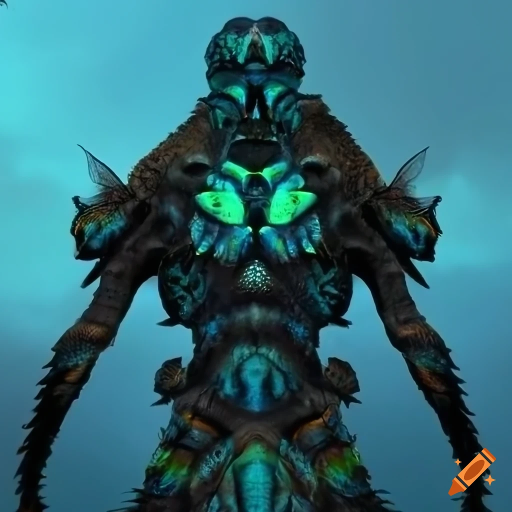 Dragonfly man in cyan and black armor near a volcano on Craiyon