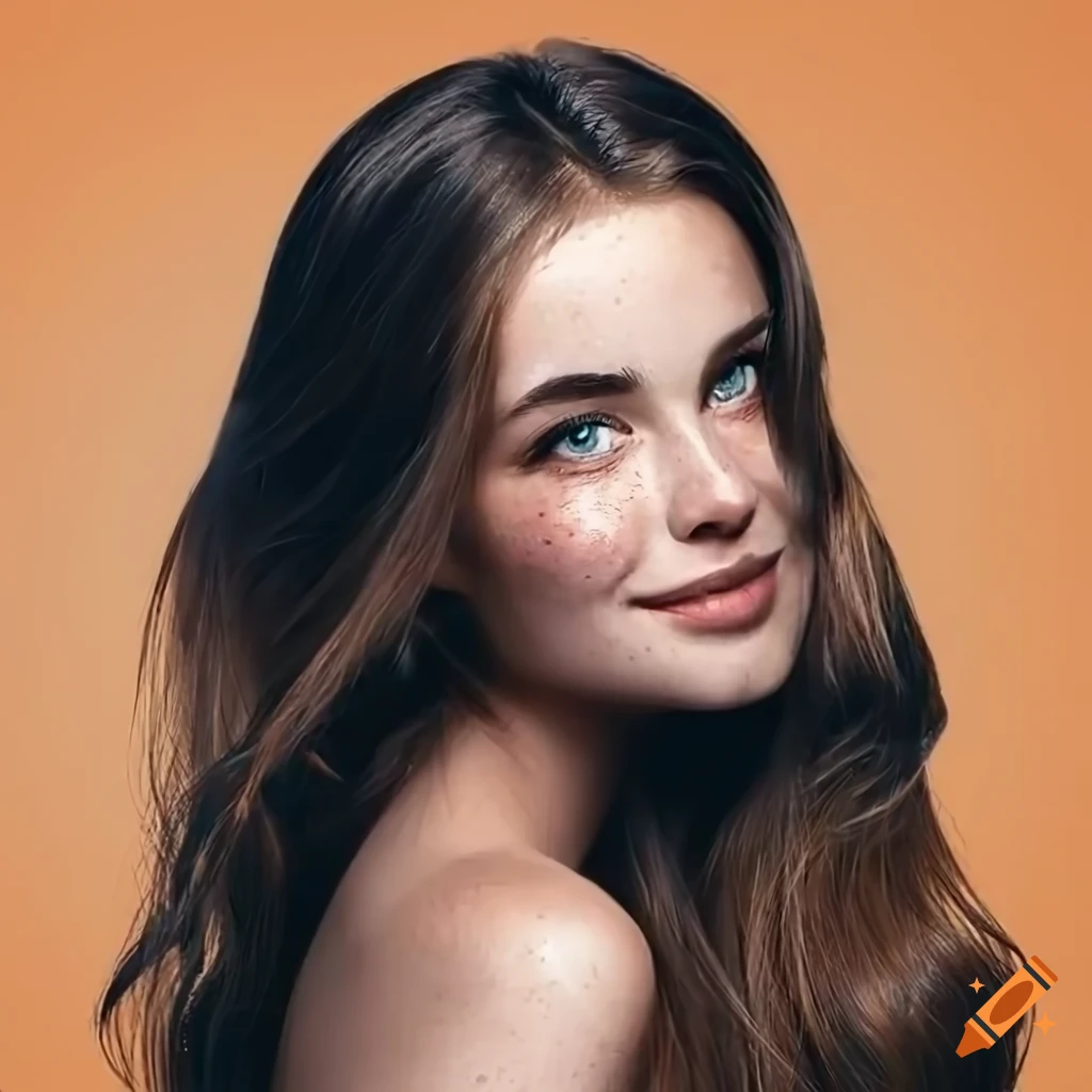 Portrait Of A Beautiful Young Woman With Freckles And Wavy Dark Brown