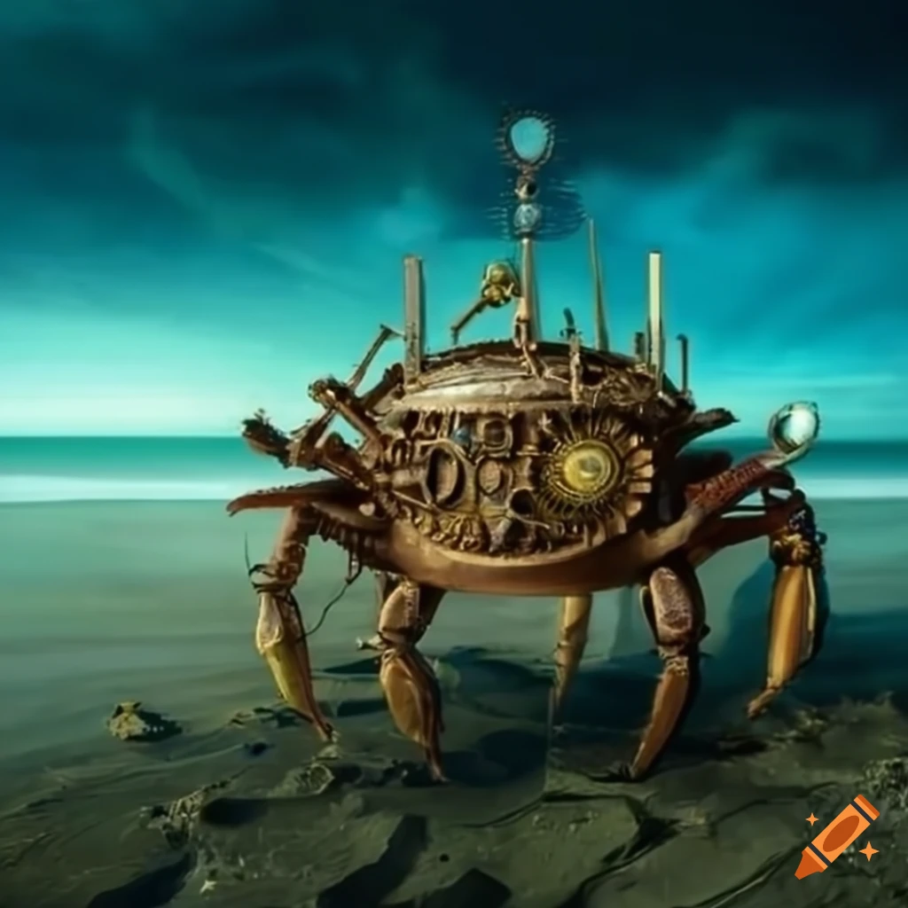Surrealistic steampunk crab machines on the beach