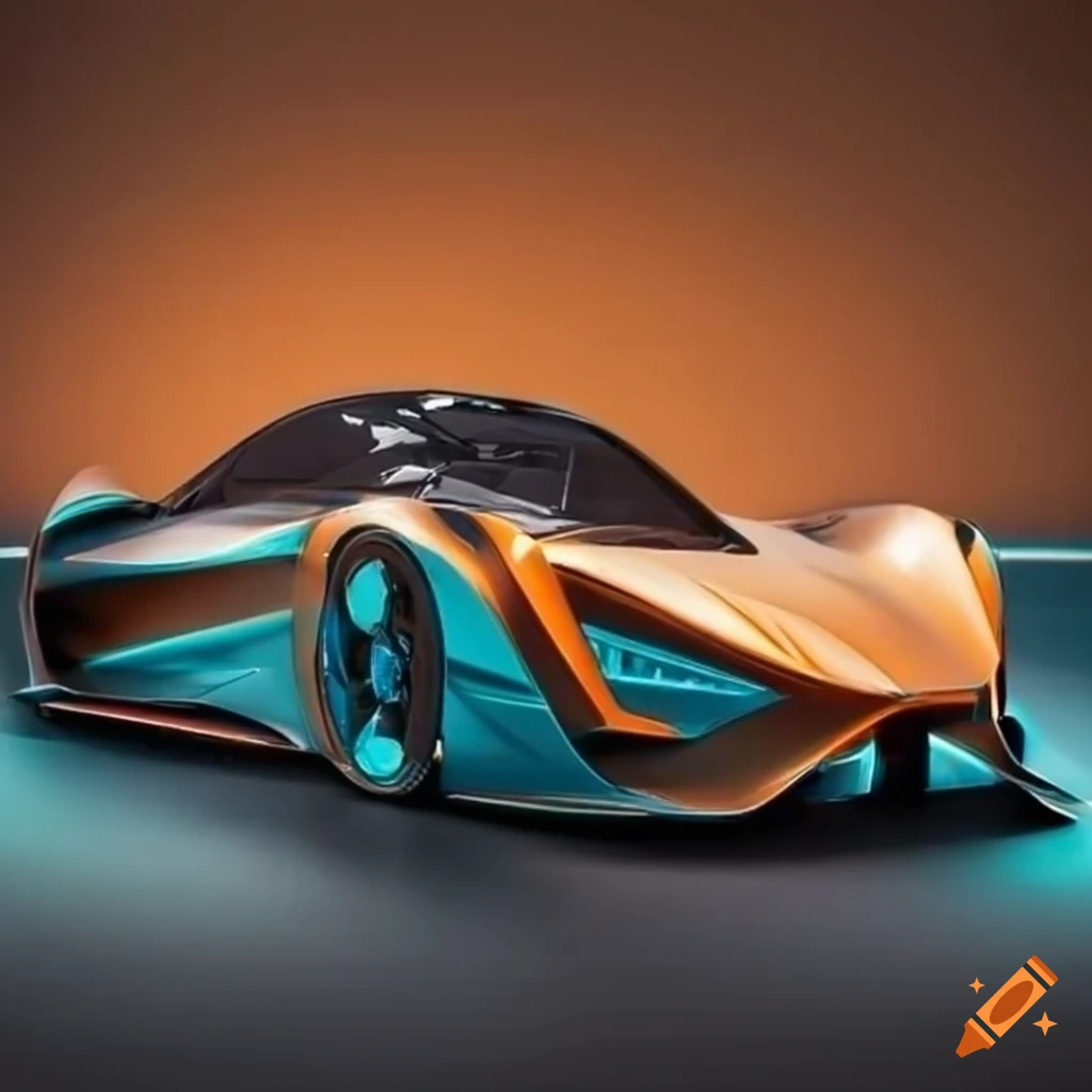 Aerodynamic car with titanium and orange accents on Craiyon