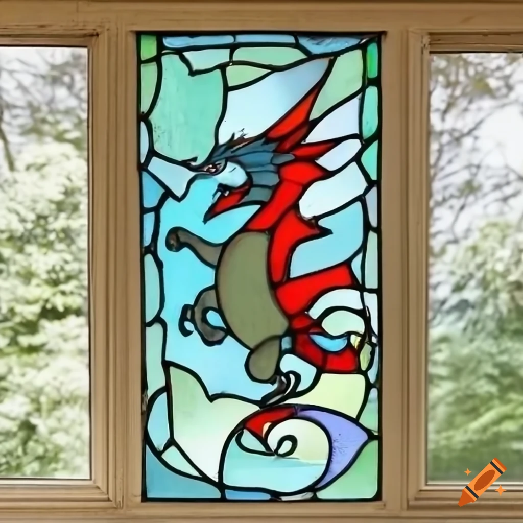 Stained glass window with a dragon design