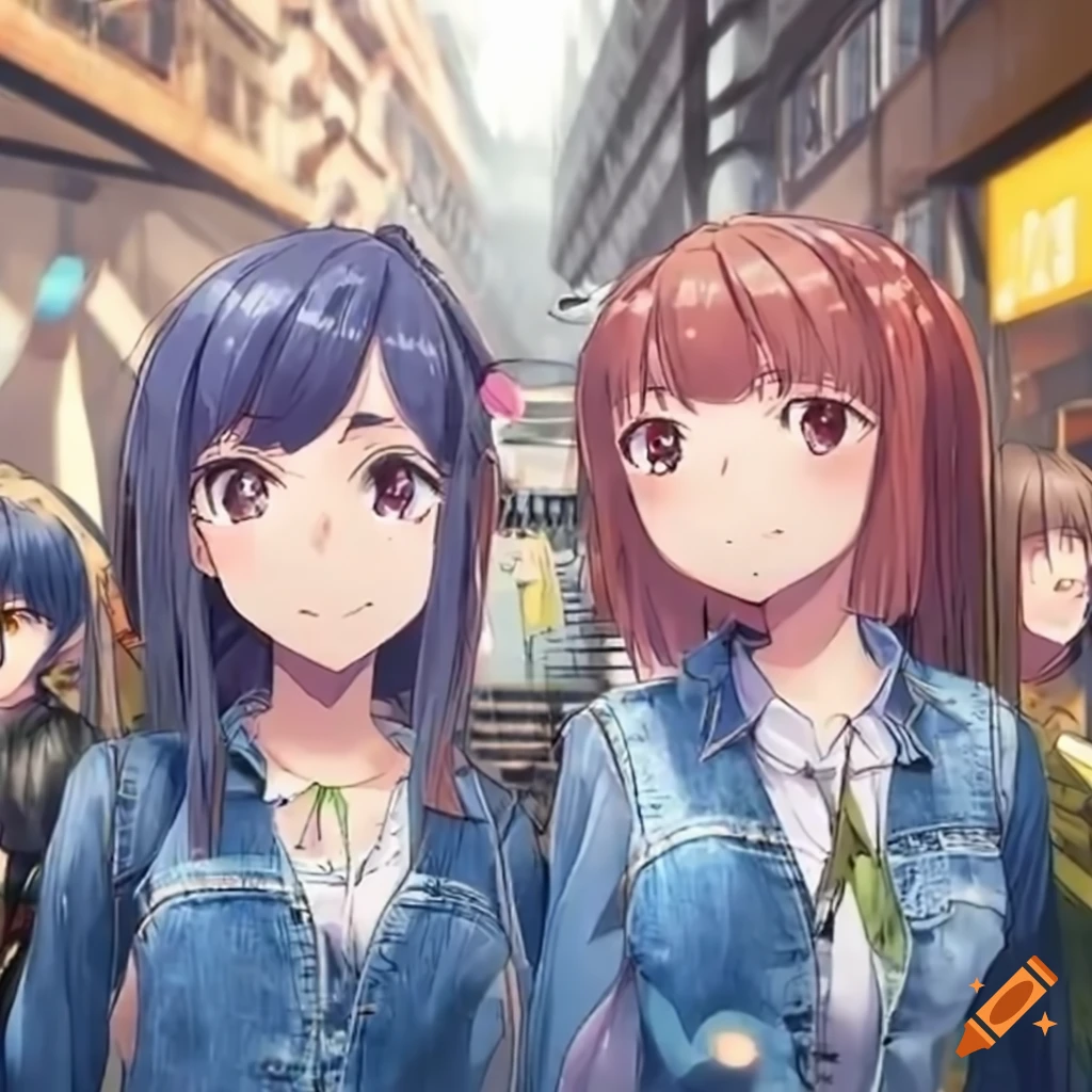 Joyful anime girls exploring science book stalls in a crowded outdoor ...