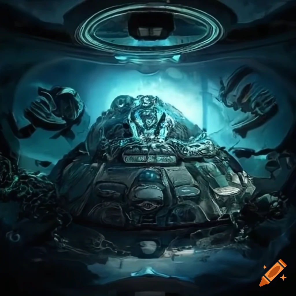 Surrealist artwork of aliens and organic machines in a spaceship on Craiyon