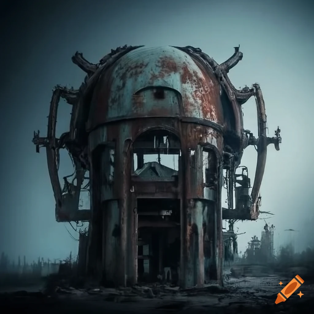 Rusted industrial complex in the fog on Craiyon