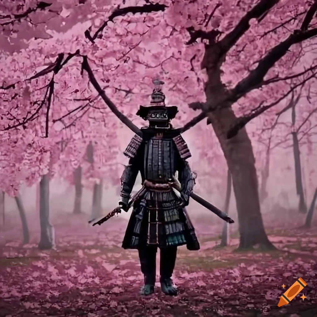 Image of a samurai under a blooming sakura tree on Craiyon