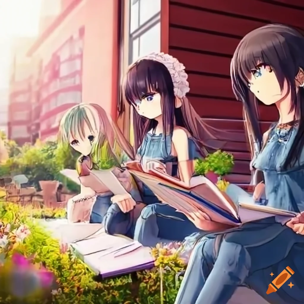 Anime girls studying together at a flower-filled terrace on Craiyon