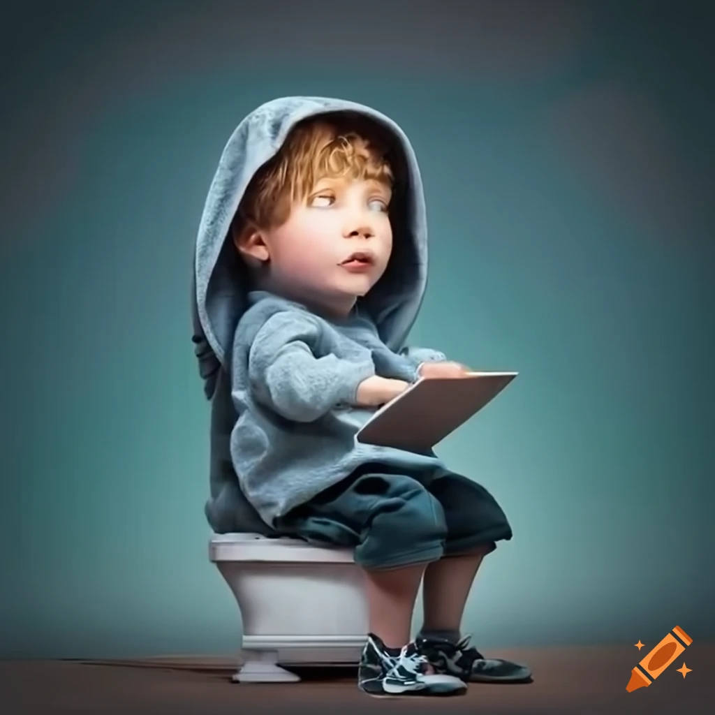 Kid sitting on a toilet with a computer on his lap on Craiyon