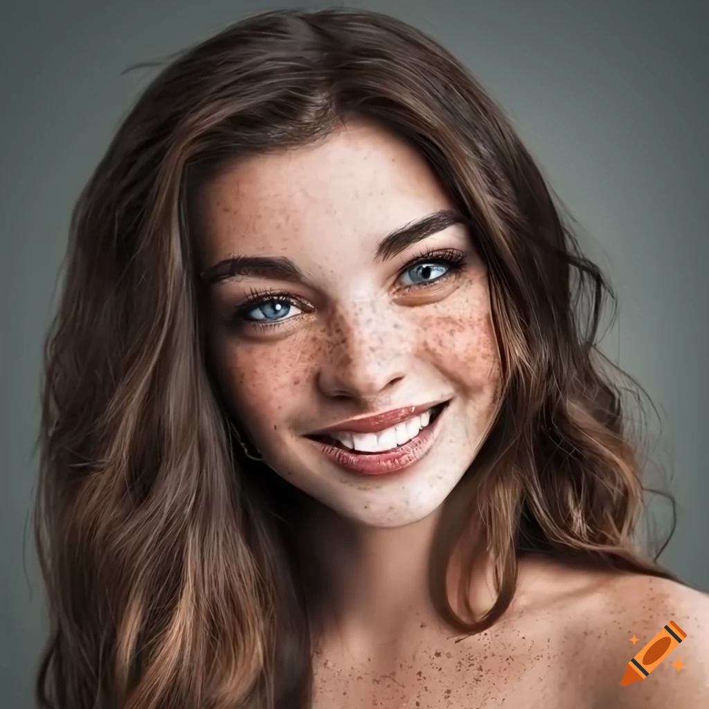 Portrait of beautiful woman with freckles and dark brown hair on Craiyon