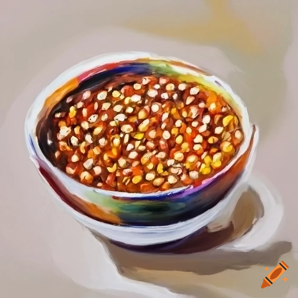 Oil painting of lentils in a white bowl on Craiyon
