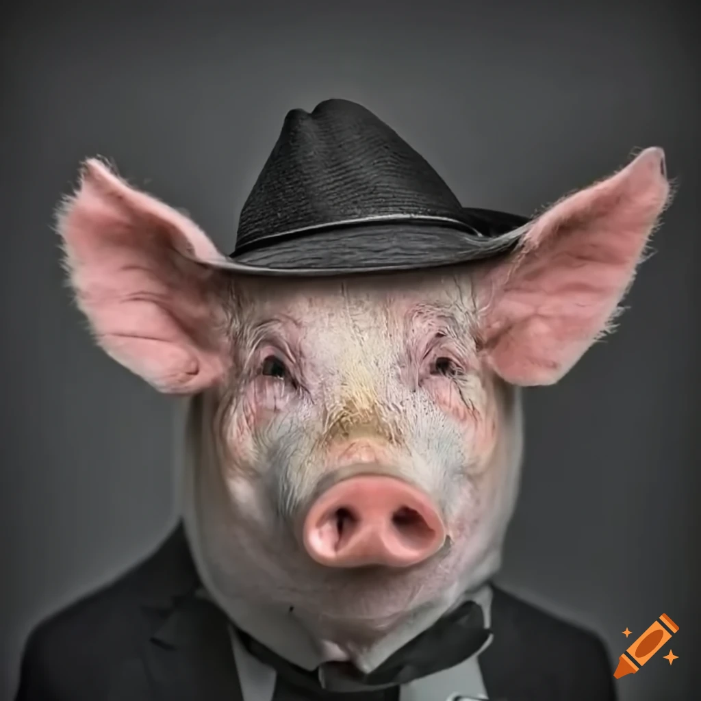 Artistic depiction of a pig in a suit and hat on Craiyon