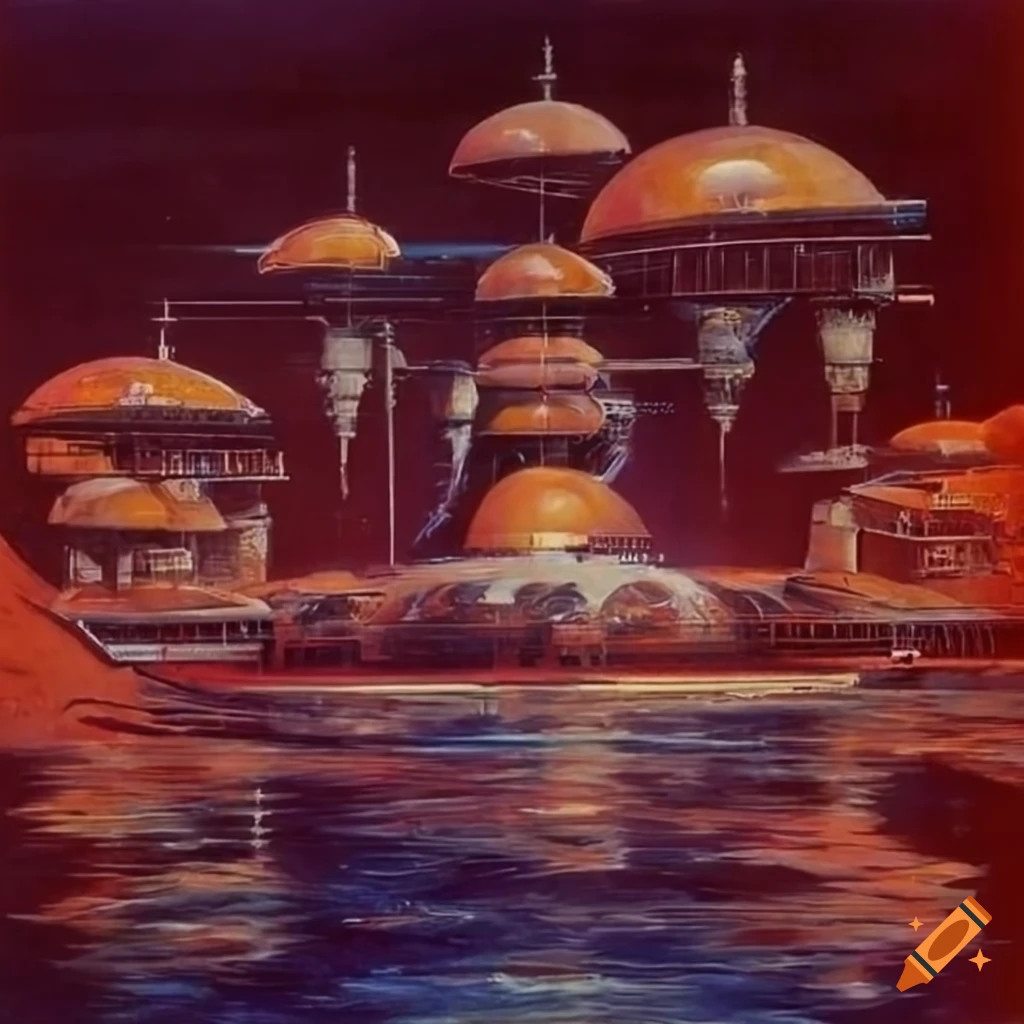 70s sci-fi artwork of an underground megastructure on venus