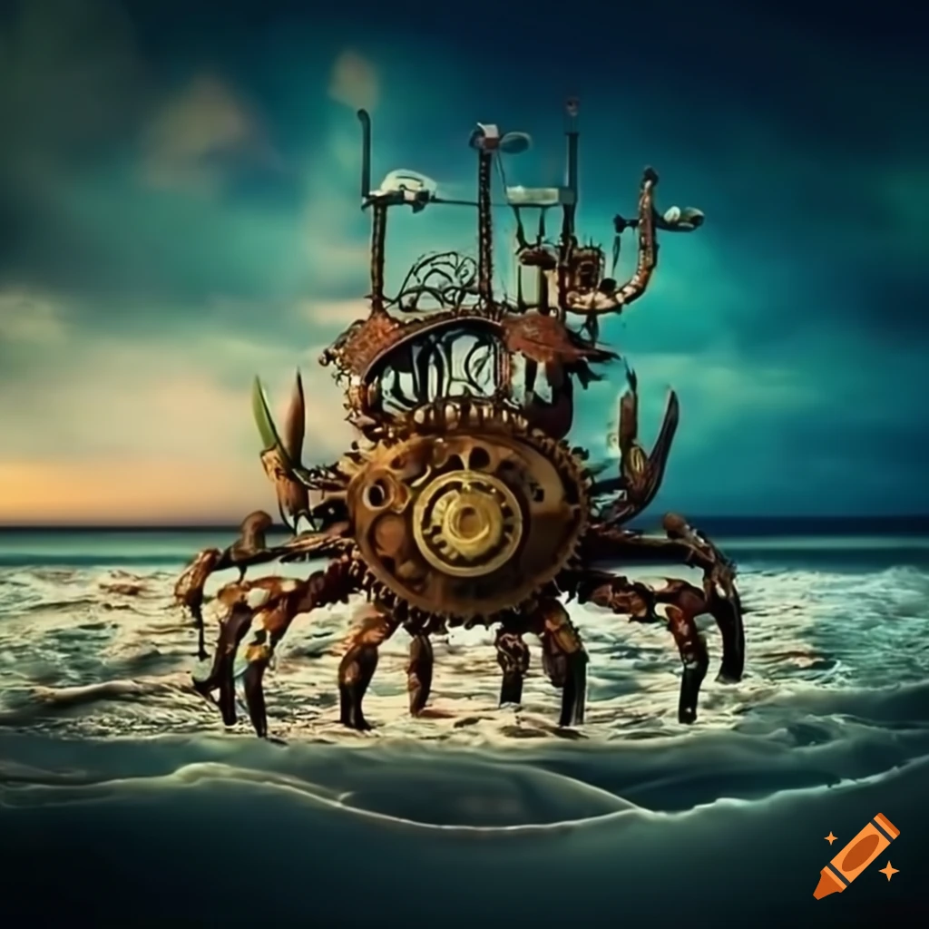 Surrealistic steampunk crab machines on the beach on Craiyon