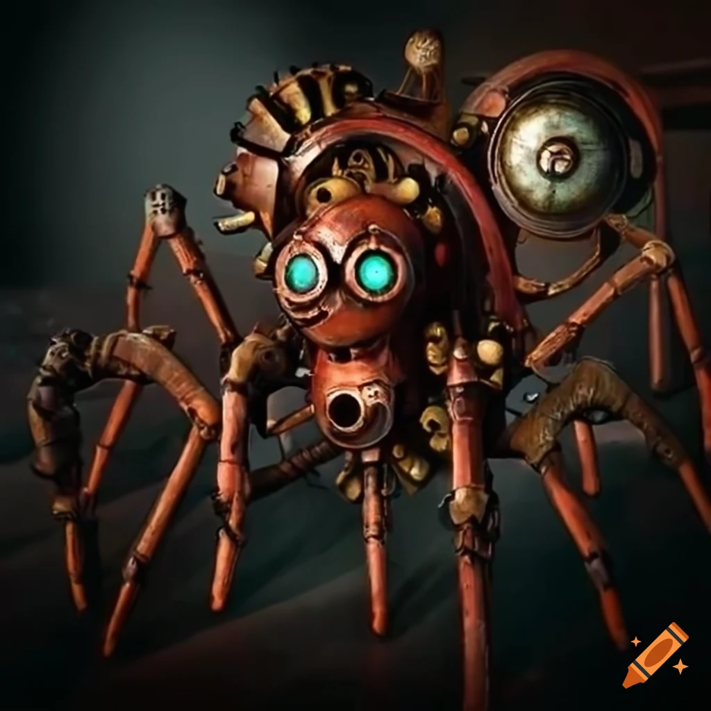 Steampunk spider robot with red eyes on Craiyon