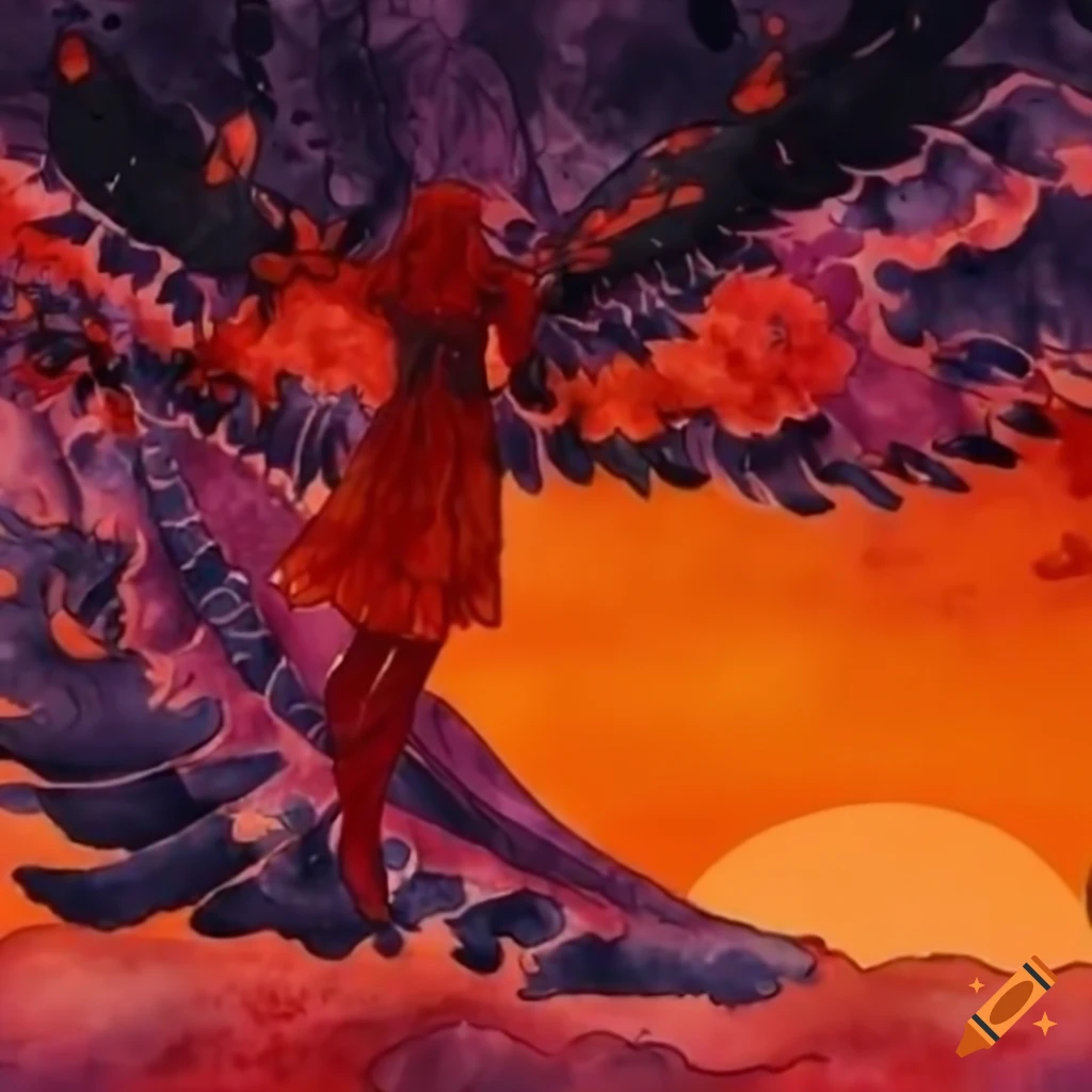 Anime-style illustration of a person flying with dark wings at sunset ...