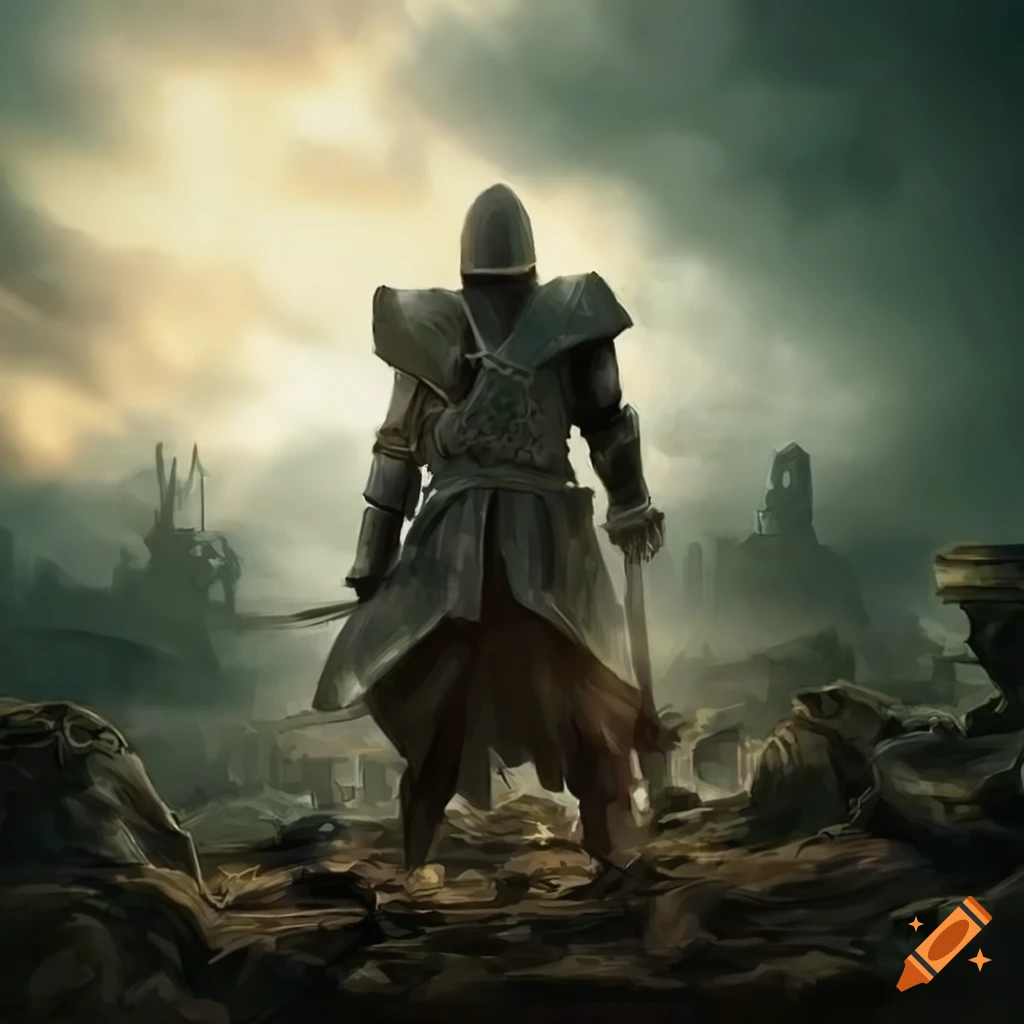 Image of a valiant knight in battlefield ruins on Craiyon