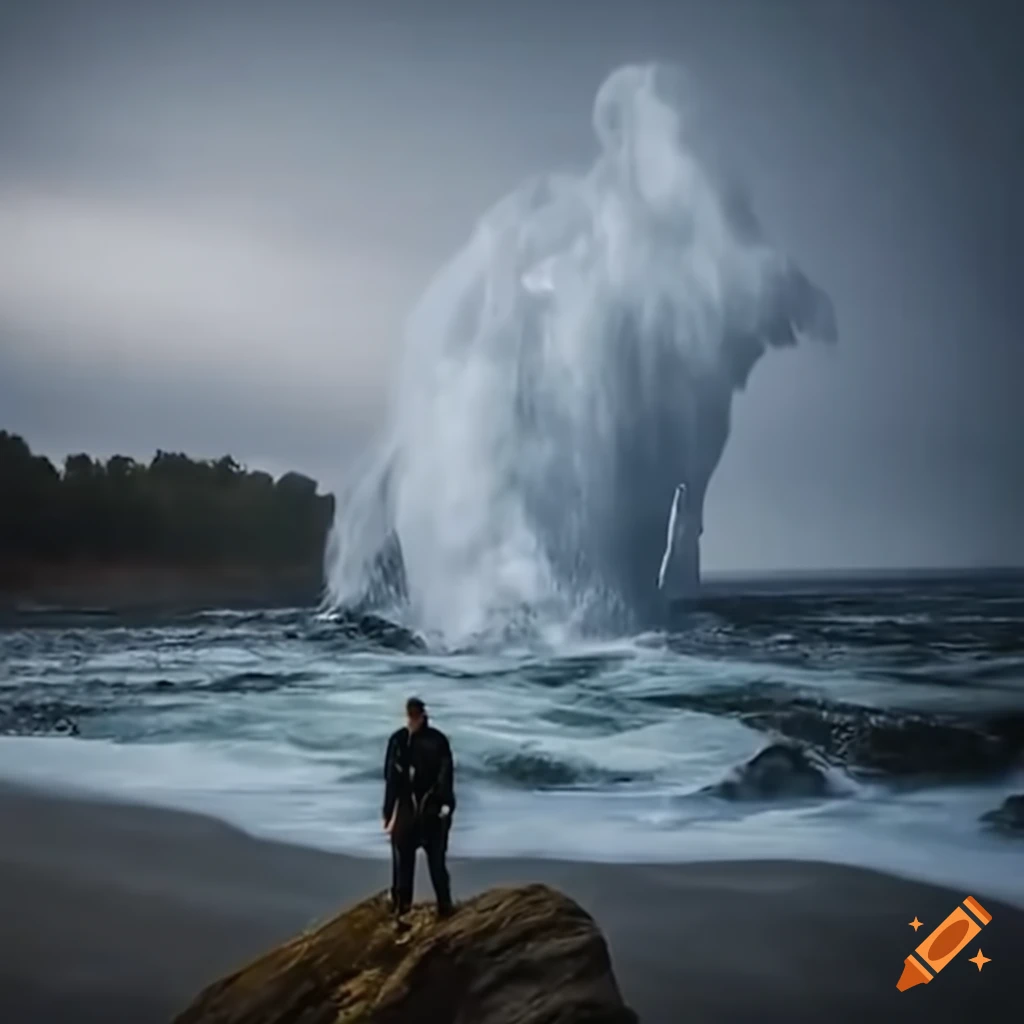 Dave grohl standing on a rock with crashing waves on Craiyon