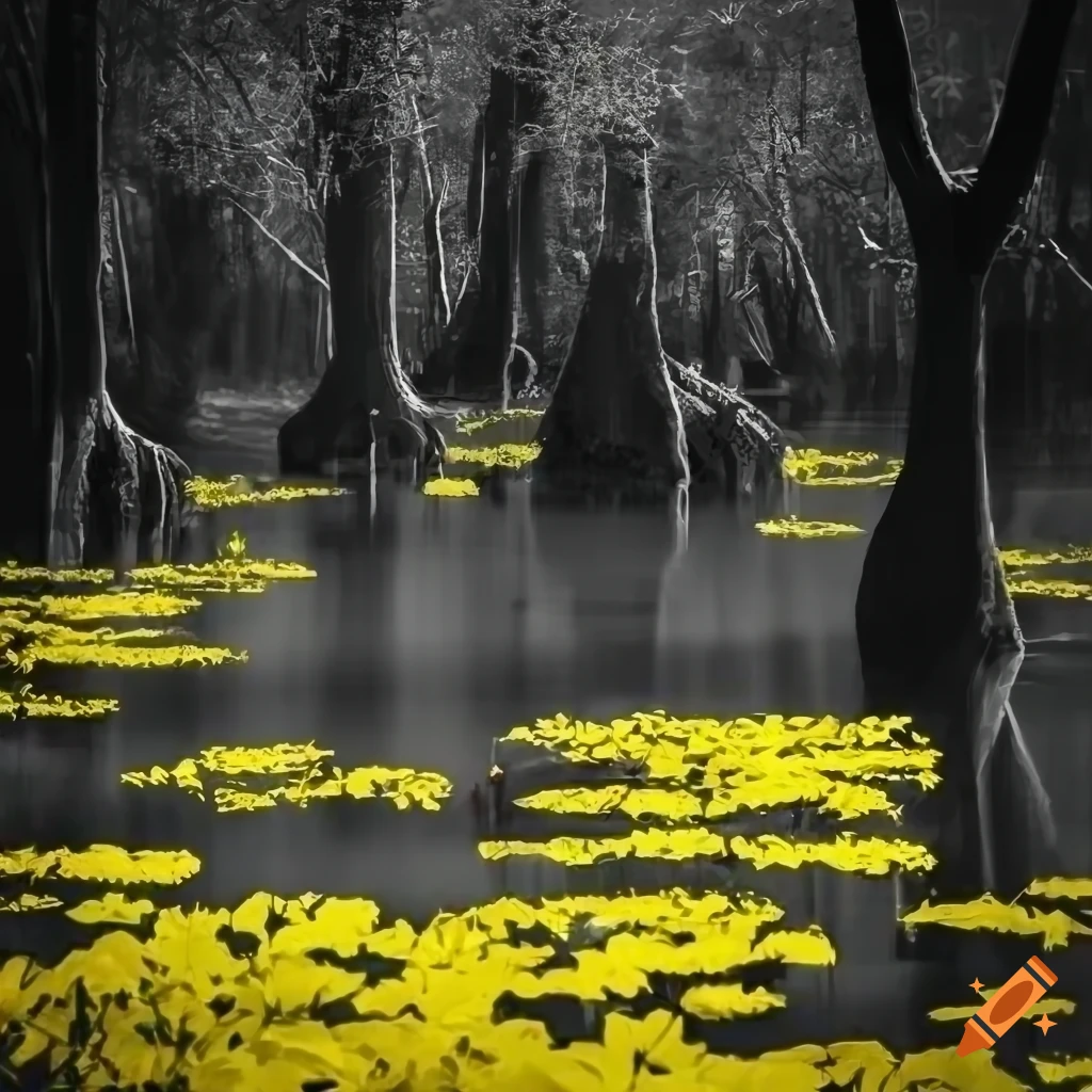 Black and white image of a swamp with trees and yellow flowers on Craiyon