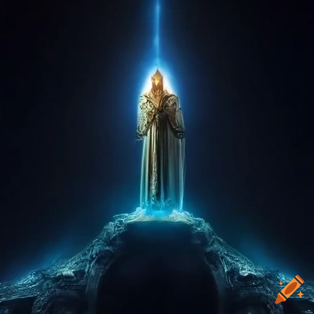 Enigmatic demigod sitting on shining throne in a room of vines, thorns ...