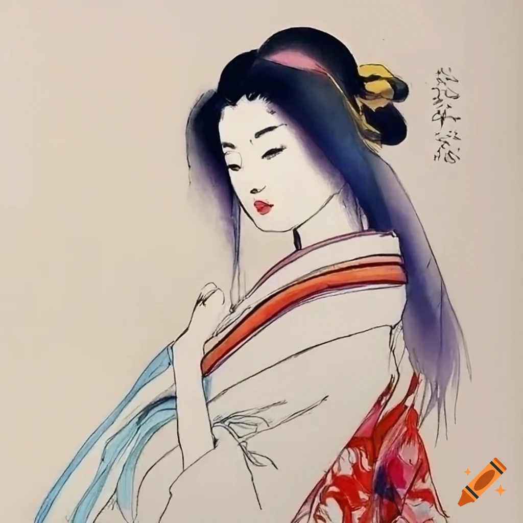 Colorful manga ink sketch of a Japanese woman on Craiyon