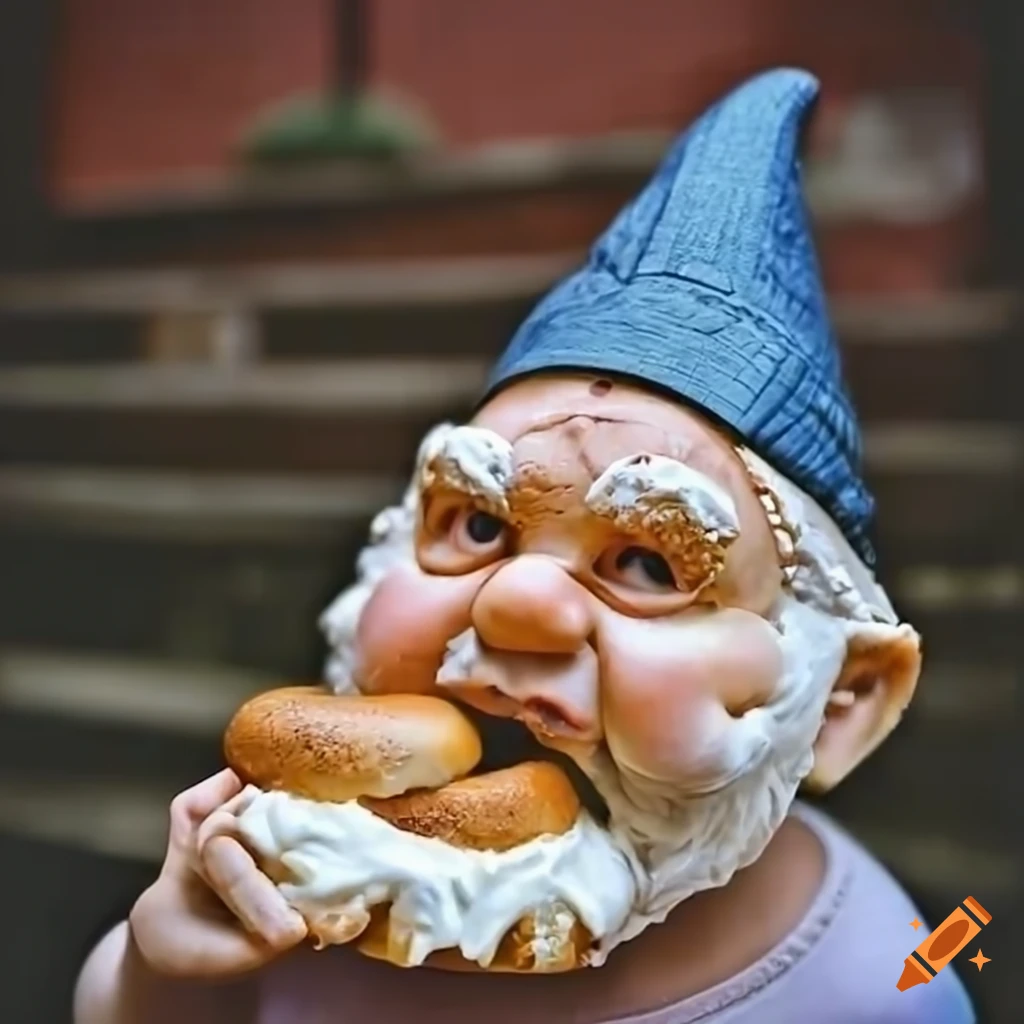 Gnome enjoying a bagel with cream cheese on Craiyon