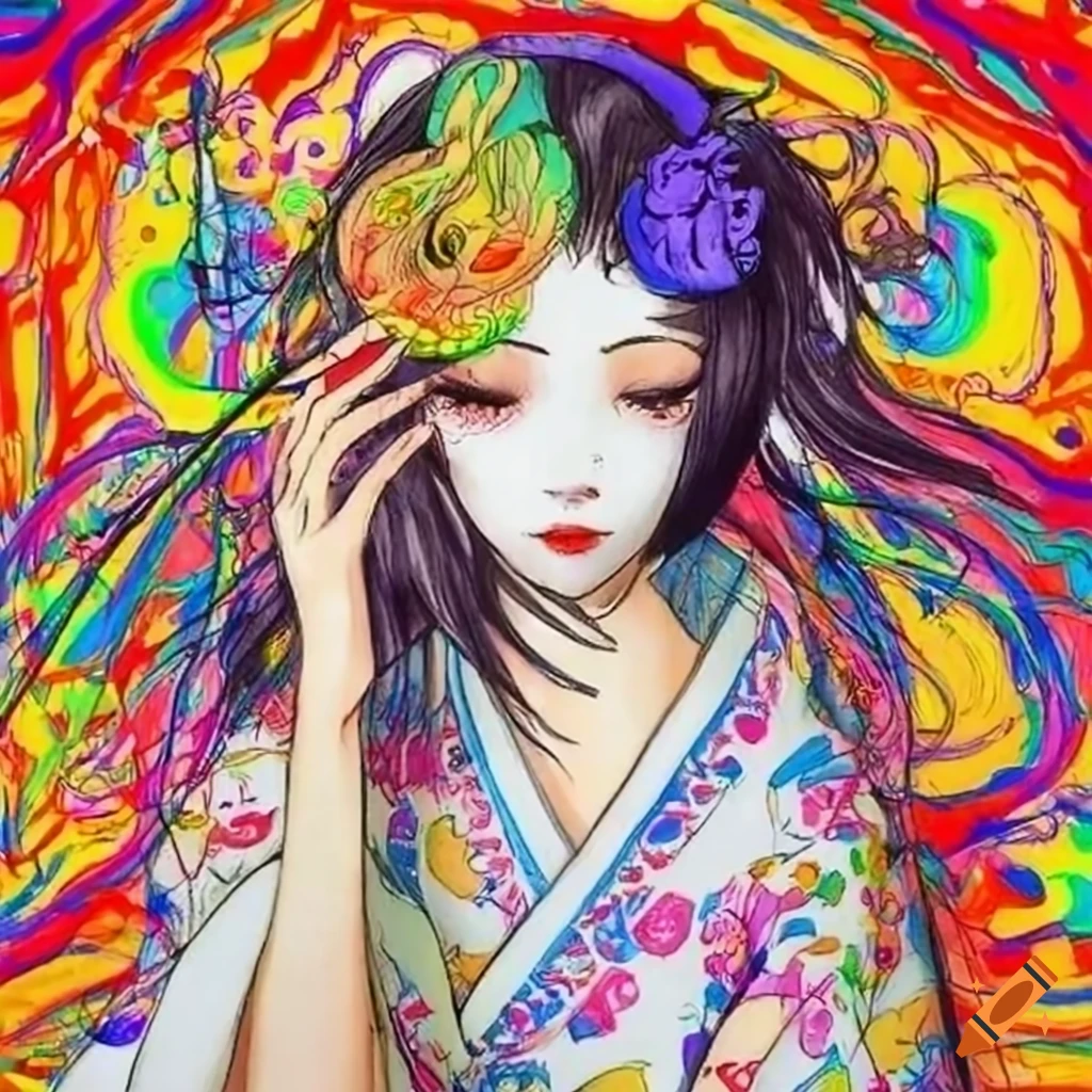 Colorful manga sketch of a Japanese woman in white on Craiyon