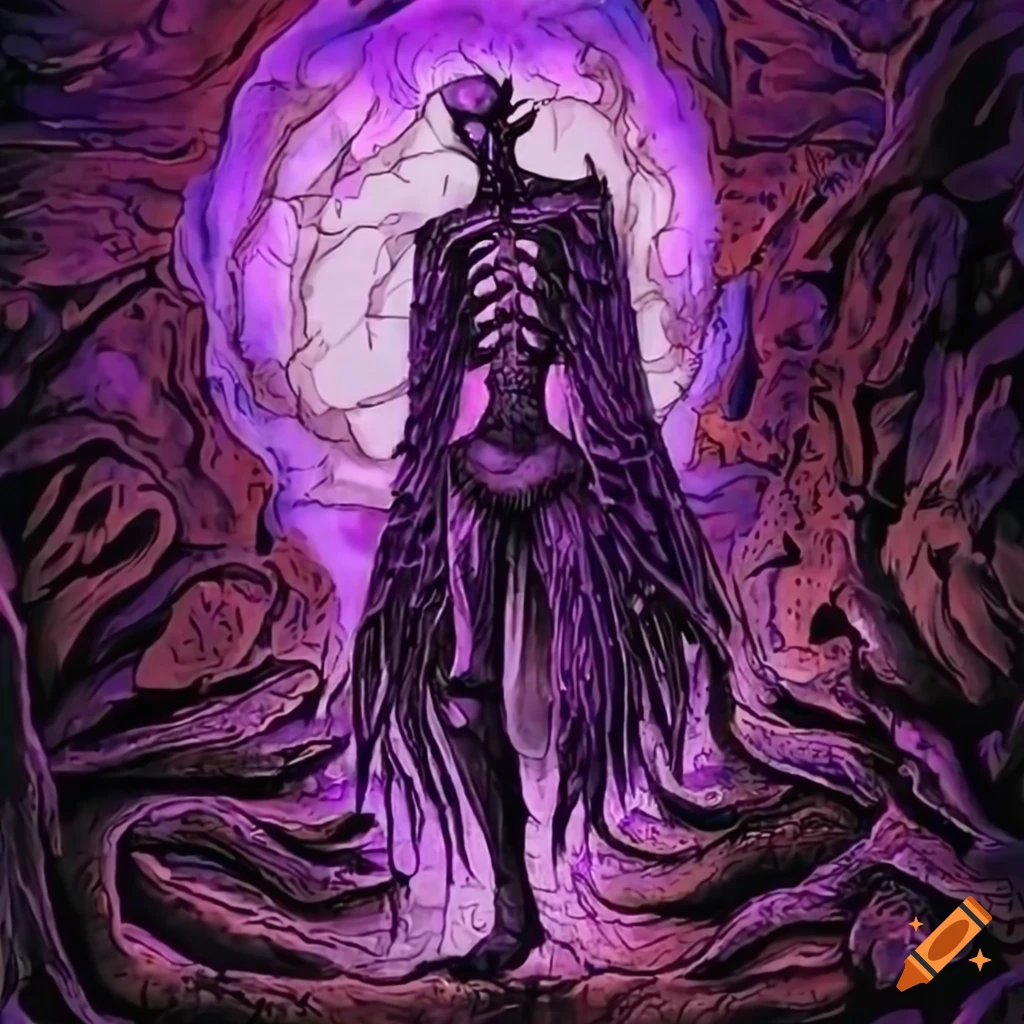 Artwork of a mysterious raven man engulfed in purple fire