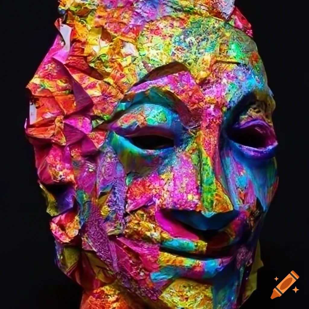 Sculpture of colorful origami figures in vibrant lighting