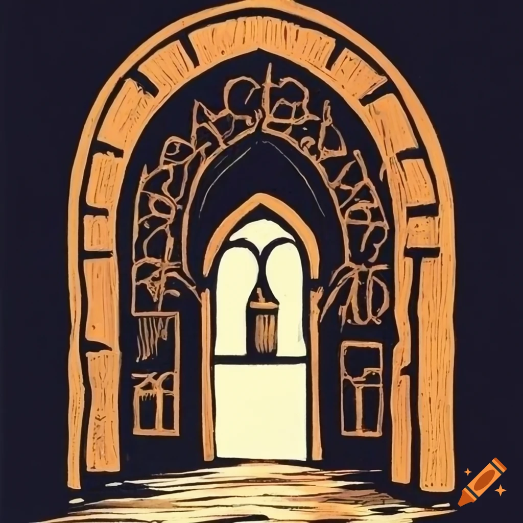 Linocut print of a medieval door arch on Craiyon