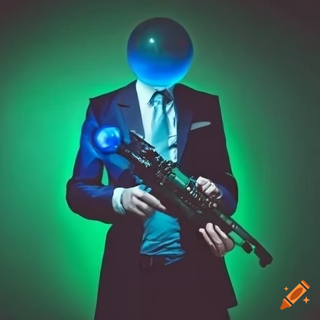 Surreal artwork of a man with a glass ball head holding a gun on Craiyon