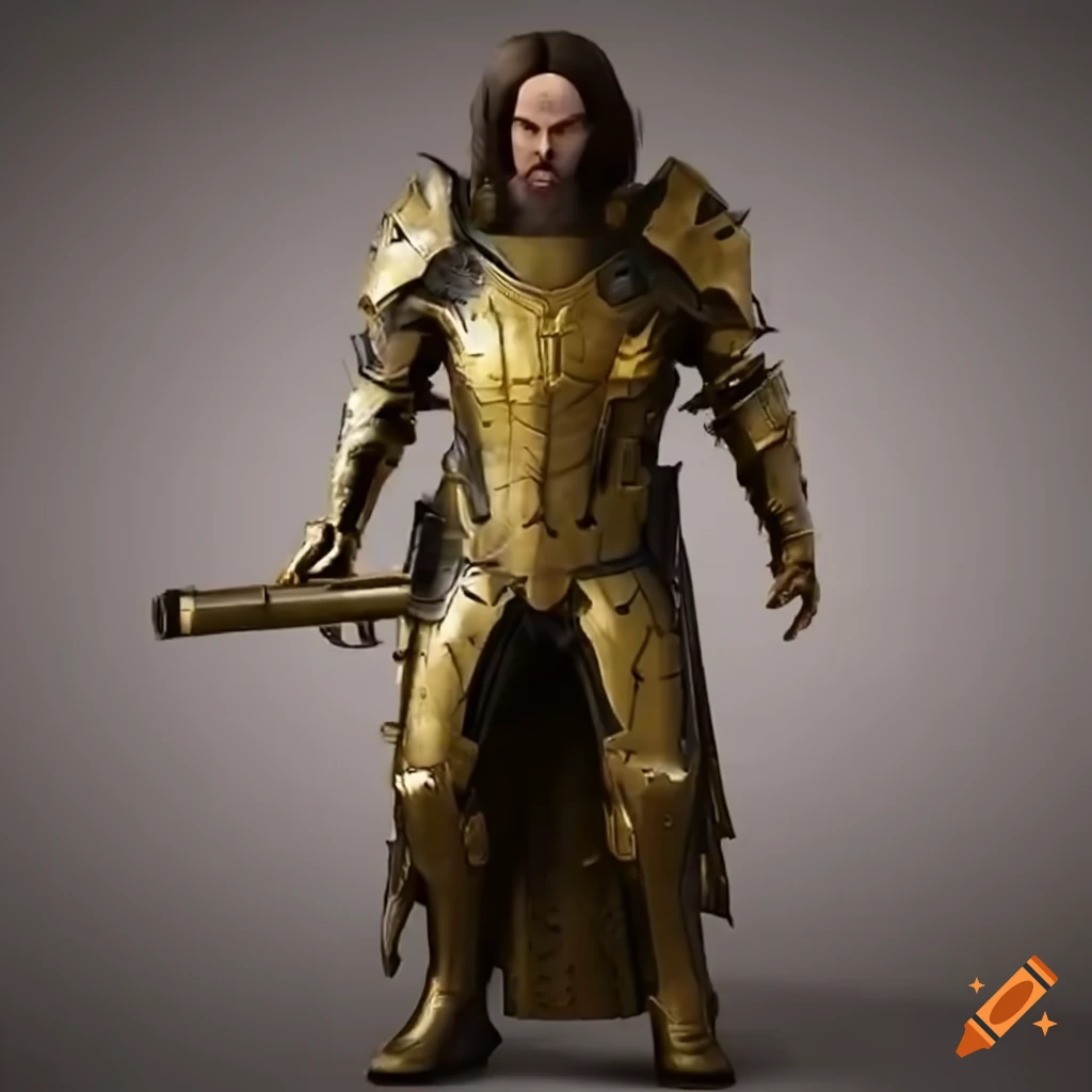 Digital artwork of a sci-fi fantasy king with golden armor and a ...